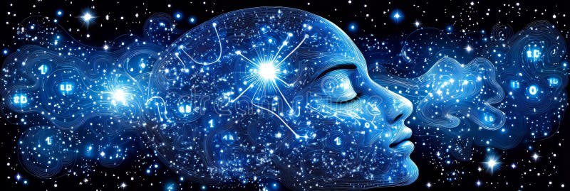 Abstract Digital Human Face with Circuitry, Binary Code, and Stars on ...