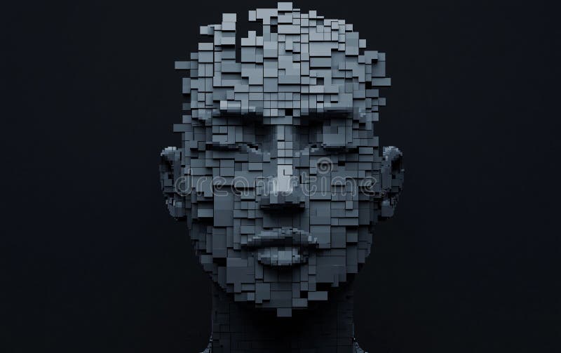 Abstract Digital Human Face Composed of Gray Cubes Pixelated 3D ...