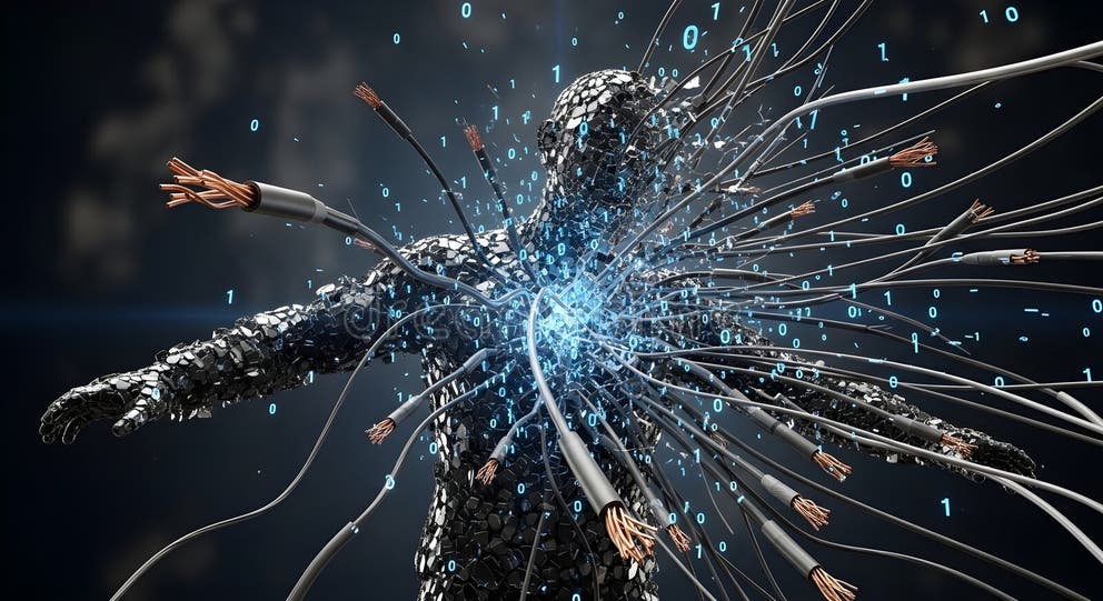 Abstract Digital Human Form Exploding with Data and Wires, Representing ...