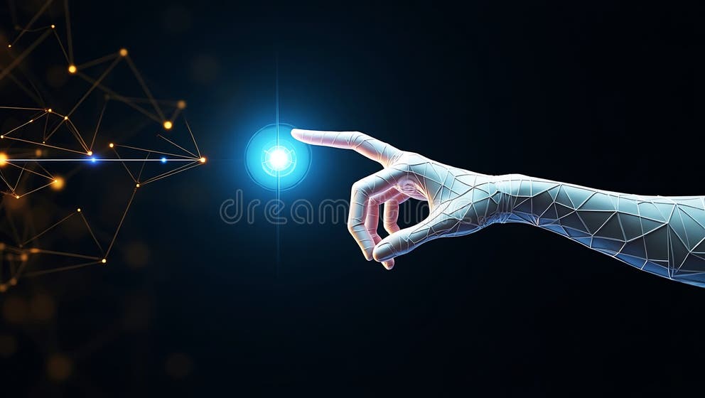 Digital Human Hand Touching on Glowing Dot on Dark Blue Light Wireframe ...