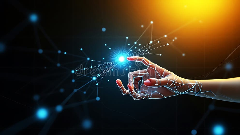 Digital Human Hand Touching on Glowing Dot on Dark Blue Light Wireframe ...