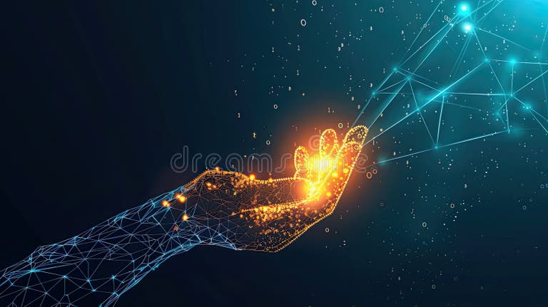Abstract Digital Human Hand Touching on Glowing Dot. Low Poly ...