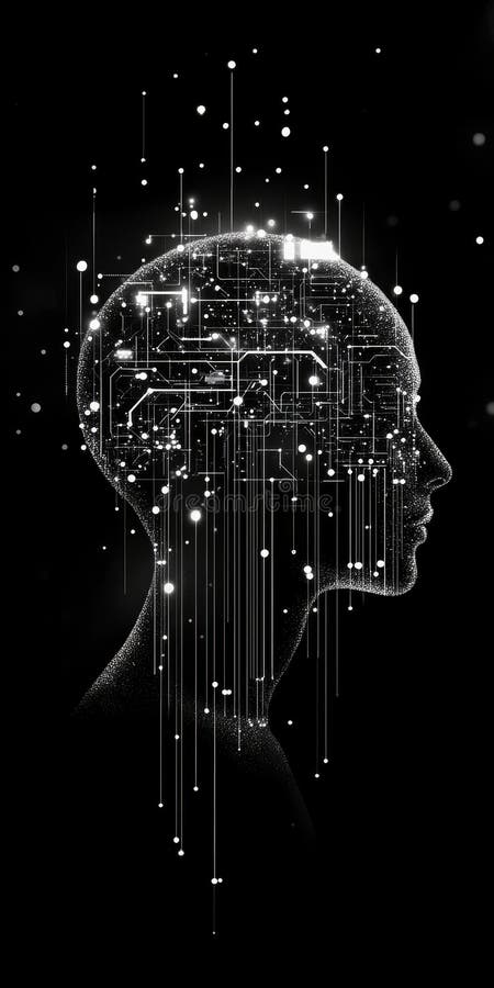 Abstract Digital Human Head with Circuitry and Glowing Particles Stock ...