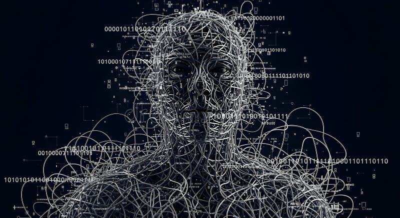Abstract Digital Human Head Made of Complex Lines and Binary Code ...