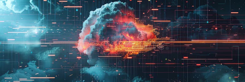 An Abstract Digital Illustration Of Cloud Computing With Data Processing And Ai Operations In 1974