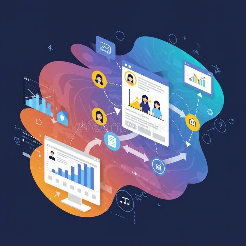 Abstract Digital Illustration Depicting Interconnected Computer Screens ...