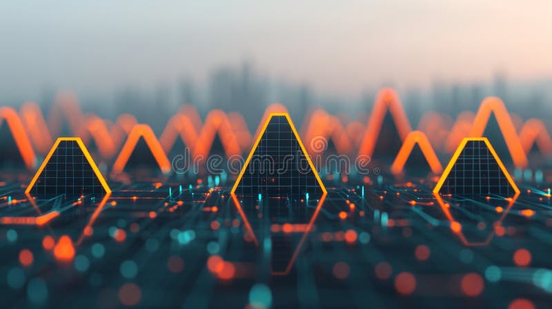 Abstract Digital Network of Pyramids with Glowing Lines and City ...