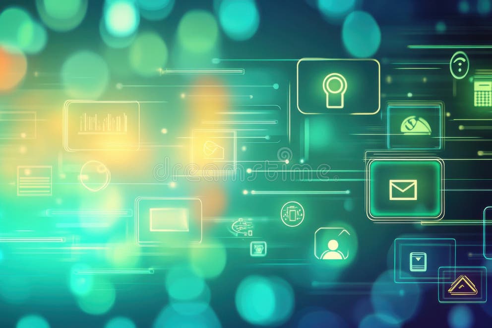 Abstract Digital Illustration Featuring Glowing Icons and Symbols Representing Technology ...