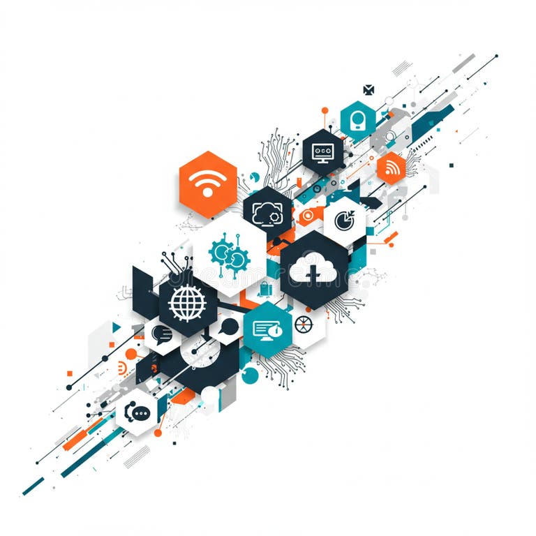 Abstract Digital Illustration Featuring Interconnected Hexagonal Icons ...