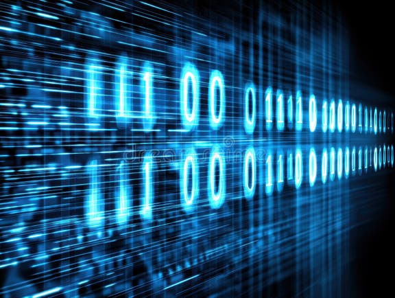 Abstract Digital Illustration of Glowing Blue Binary Code Flowing through Dark Space ...