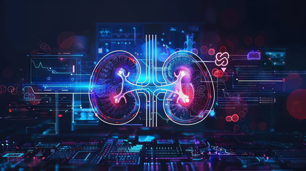 Abstract Digital Illustration of Human Kidneys with Glowing Lines and ...