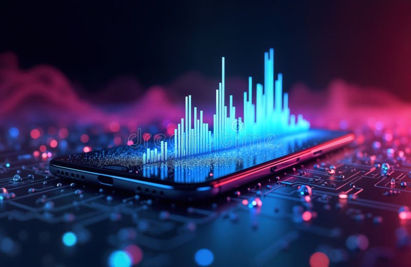 Abstract Digital Illustration Shows Smartphone with Glowing Sound Waves ...
