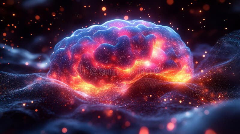 Abstract Brain in Electric Colors with Floating Particles and Energy ...