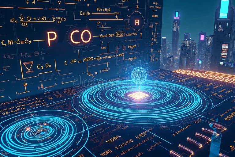 Abstract Digital Image Composed of Glowing Futuristic Elements and Fictional Formulas ...