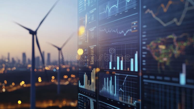 Abstract Digital Interface with Cityscape and Wind Turbines at Twilight ...