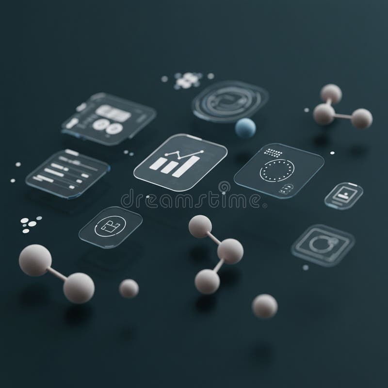 Abstract Digital Interface Featuring Translucent Square Icons with ...