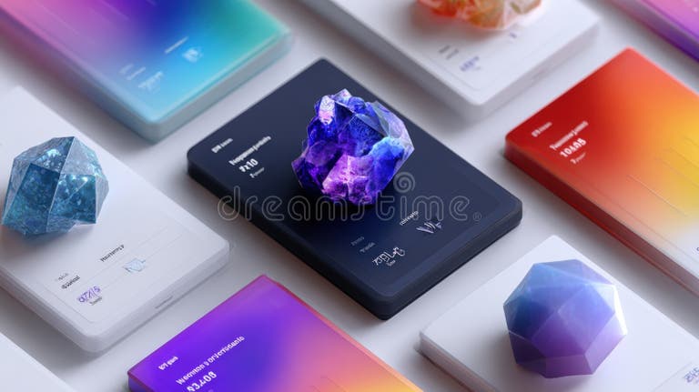 Abstract Digital Interface with Geometric Crystals on Colorful Cards ...