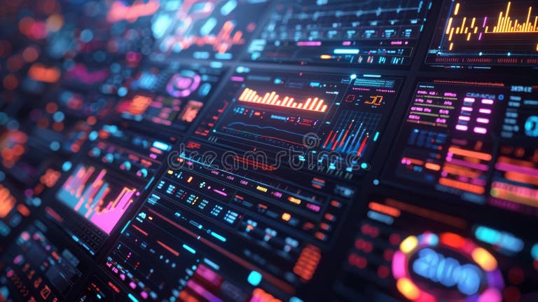Abstract Digital Interface with Glowing Lines, Graphs, and Data Visualizations. Futuristic ...