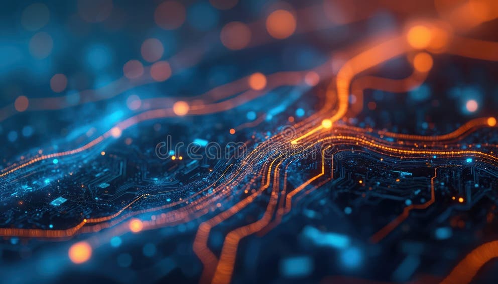 Abstract Digital Interface with Glowing Orange Blue Data Streams. Futuristic Design with Binary ...