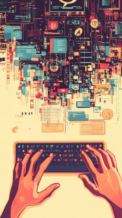 Abstract Digital Interface with Hands Typing Code on a Keyboard. High ...