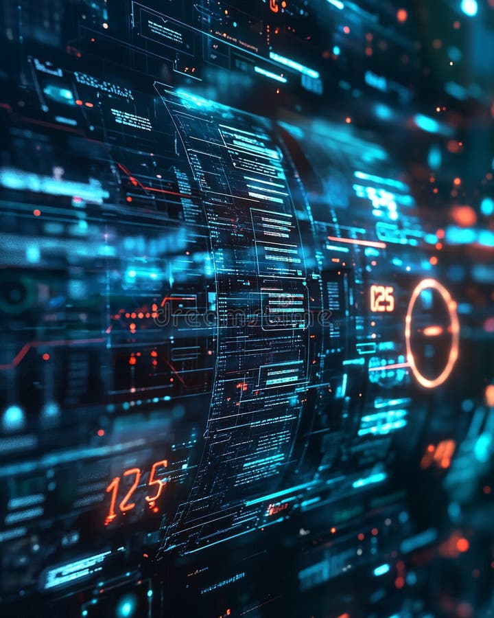 A Close-up View of a Digital Interface with Glowing Blue and Red Lines ...