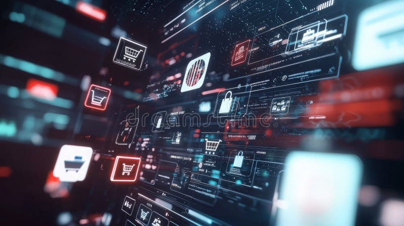 Abstract Digital Interface with Shopping Cart Icons and Data Streams ...