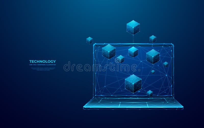 Abstract Digital Isometric Blockchain on Opened Laptop. Linked Blocks ...