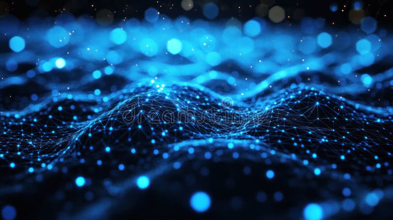 Abstract Digital Landscape of Blue Glowing Interconnected Points and ...