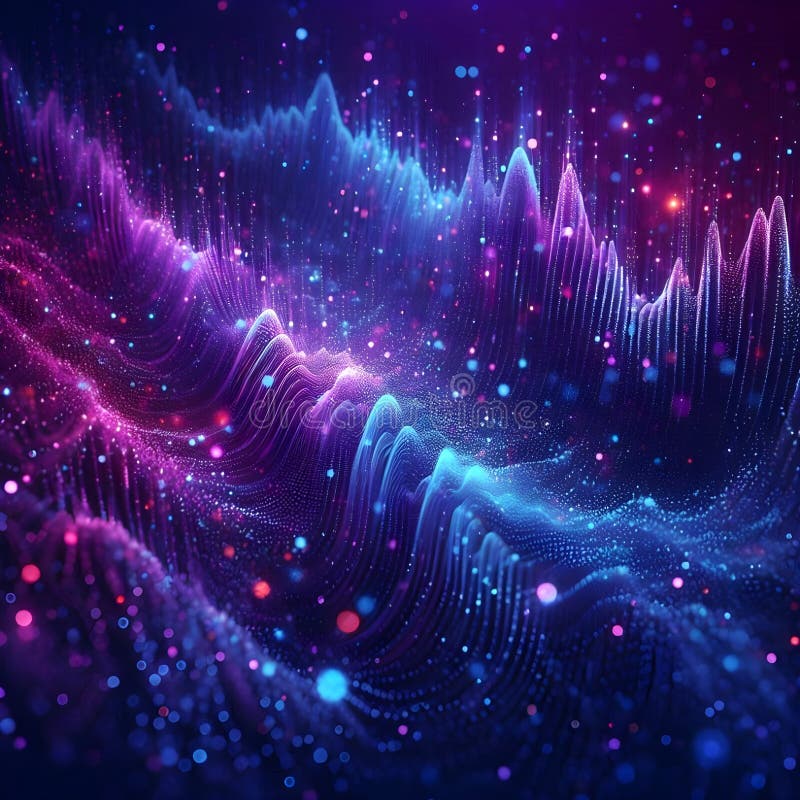 Abstract Digital Landscape with Blue and Purple Glowing Particles Stock ...