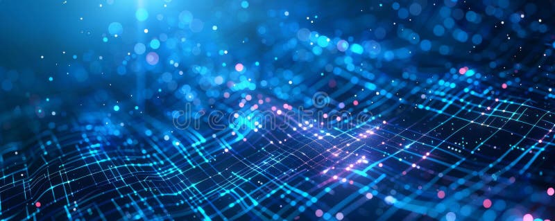 Abstract Digital Landscape with Blue Technology Background and Grid ...