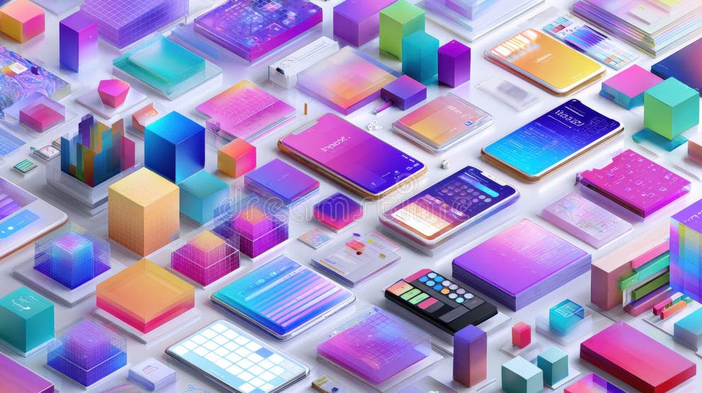 Abstract Digital Landscape with Colorful 3D Blocks, Charts, and Mobile ...