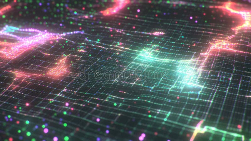 Abstract Digital Landscape with Colorful Lights and Grid Patterns Stock ...