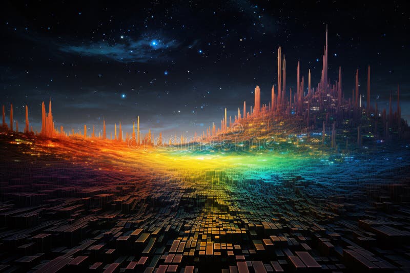 Abstract Digital Landscape with Colorful Data Points Glowing in the ...