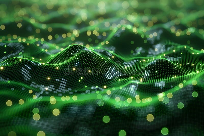 Digital Green Matrix Landscape with Glowing Particles for Technology ...