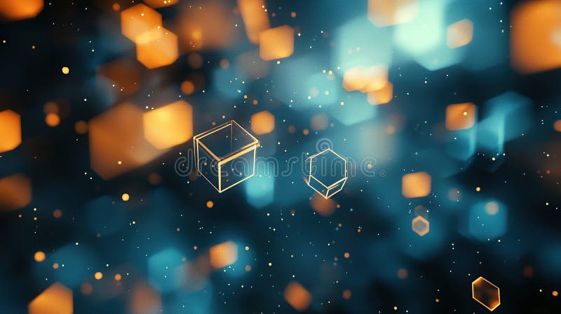 Abstract Digital Landscape with Floating Geometric Shapes and Glowing ...