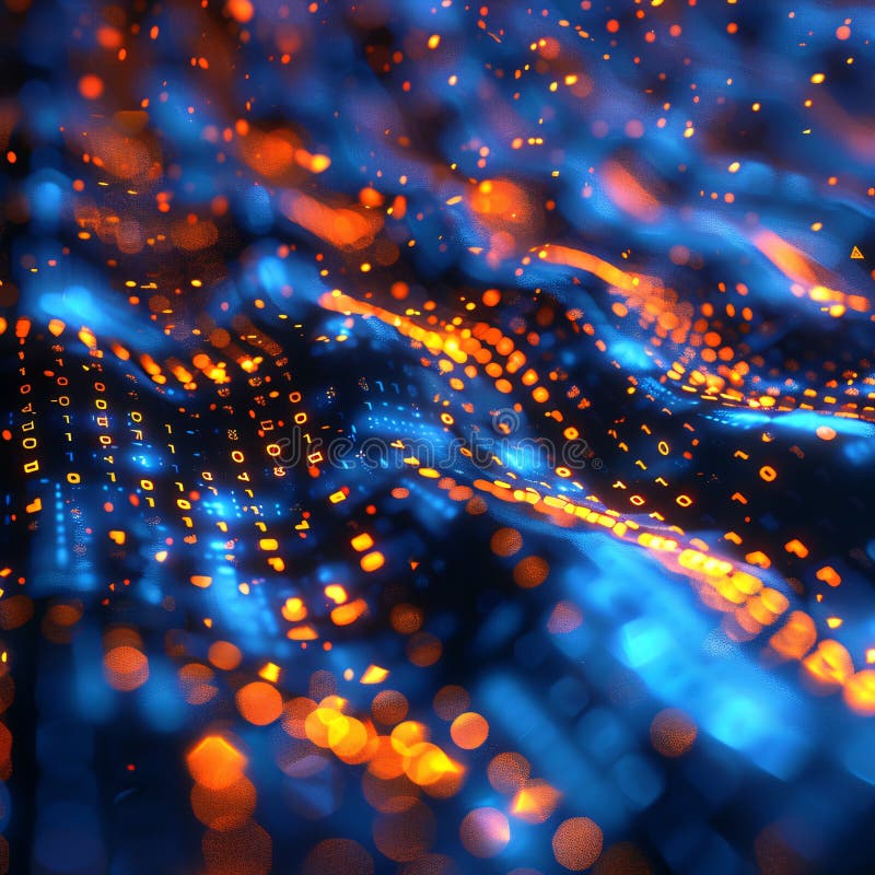 Abstract Digital Landscape with Flowing Blue and Orange Data Waves ...