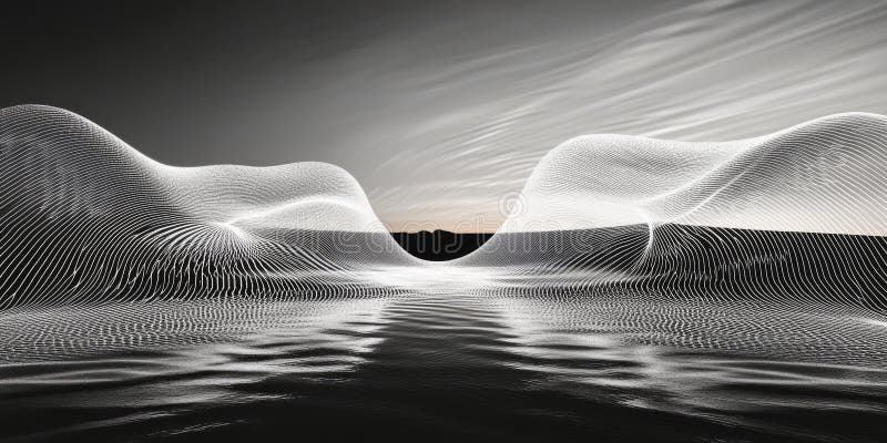 Abstract Digital Landscape with Flowing Lines and Reflective Water ...
