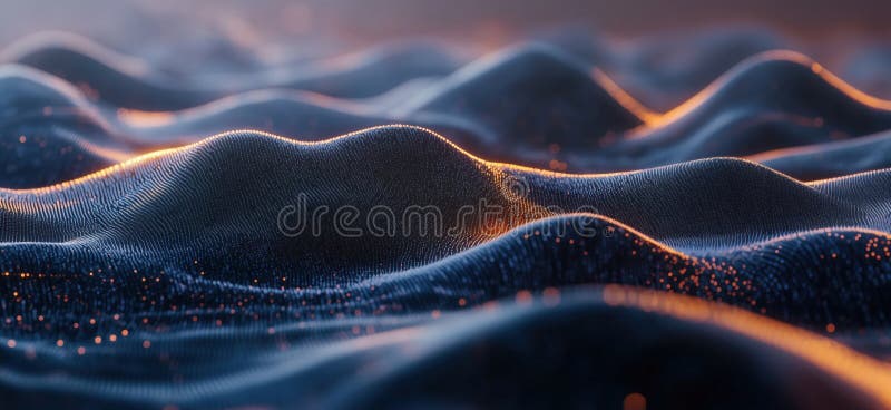 Abstract Digital Landscape with Flowing Waves and Glowing Particles ...