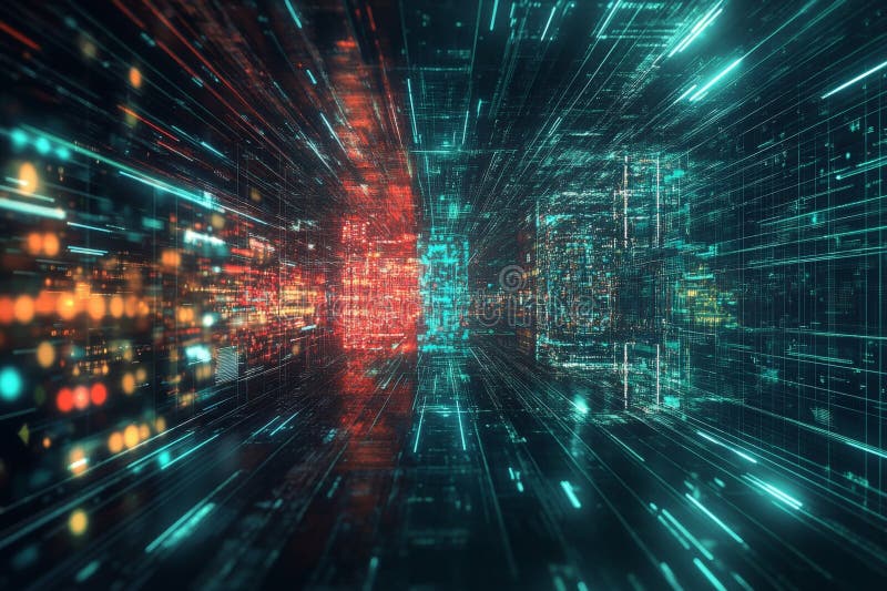 Abstract Digital Landscape with Futuristic Data Flow and Colorful Neon ...