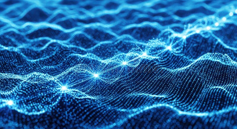 Abstract Digital Landscape of Glowing Blue Particles Forming Wavy ...