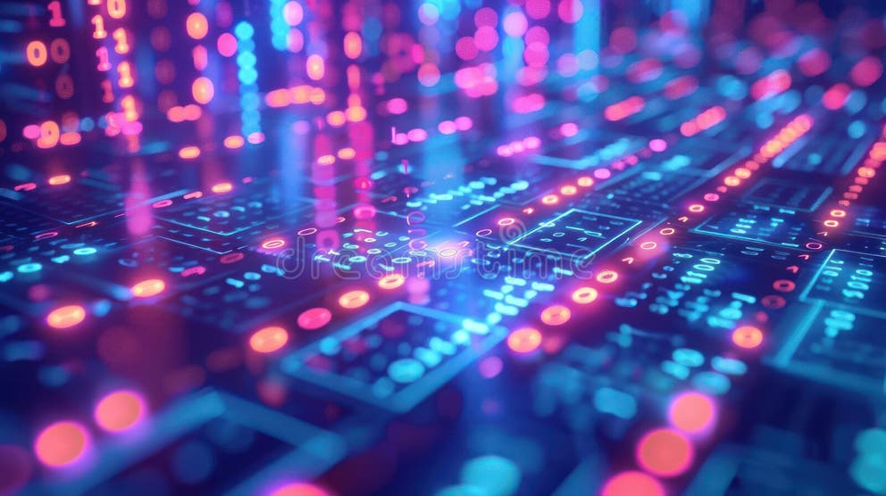 Abstract Digital Landscape with Glowing Circuits and Binary Code Stock ...