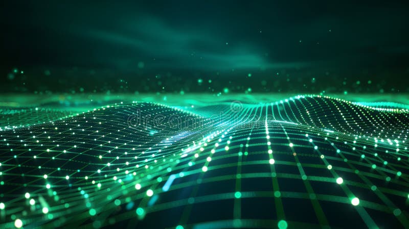 Abstract Digital Landscape with Glowing Green Grid Lines and Dots Stock ...