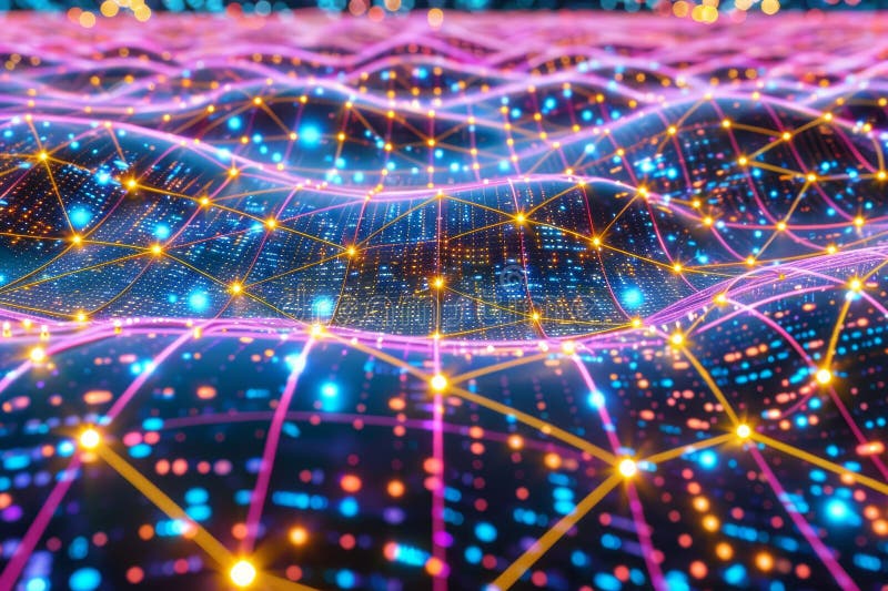 Abstract Digital Landscape with Glowing Lights and Grid Patterns. Stock ...