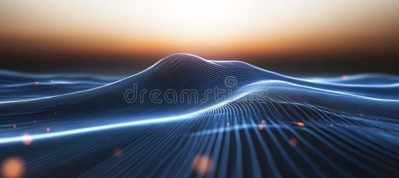 Abstract Digital Landscape Glowing Lines and Waves on a Horizon ...