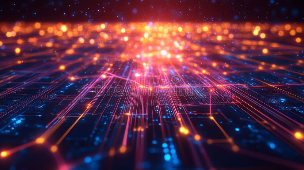 Abstract Digital Landscape with Glowing Nodes and Lines Representing ...