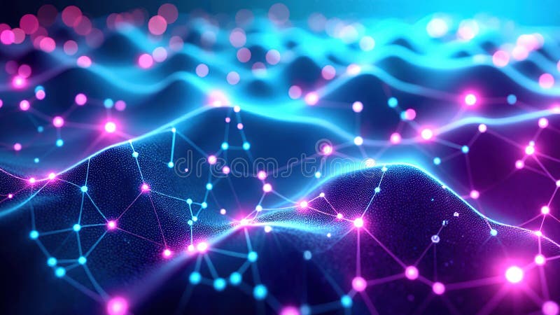 Abstract Digital Landscape with Glowing Nodes and Wavy Patterns Stock ...