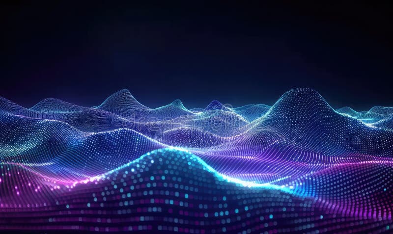 Abstract Digital Landscape with Glowing Particles. Futuristic Wave with Depth of Field and Bokeh ...