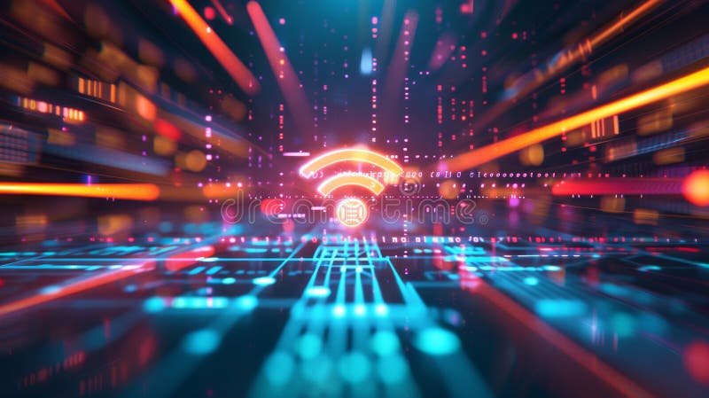 Abstract Digital Landscape with Glowing Wireless Signal Icon and ...