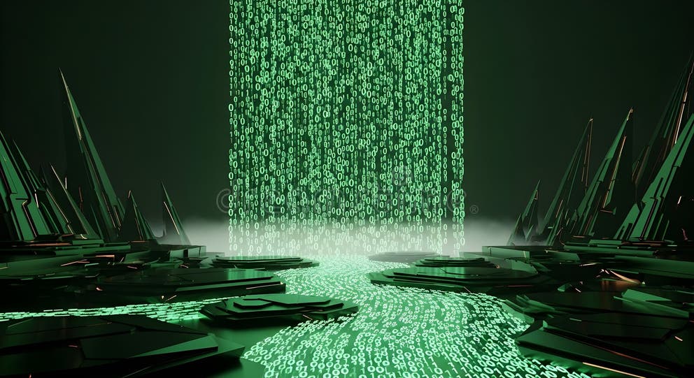 Abstract Digital Landscape with Green Binary Code Cascading into a ...