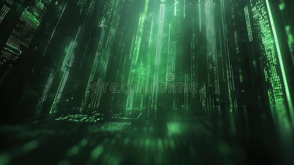 Abstract Digital Landscape with Green Matrix-like Visuals and Glowing ...